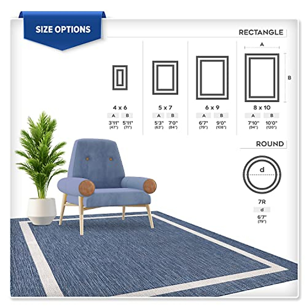 Beverly Rug Waikiki Indoor Outdoor Rug 5x7, Washable Outside Carpet for Patio, Deck, Porch, Bordered Modern Area Rug, Water Resistant, Blue - White