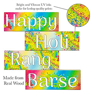 JennyGems Happy Holi Rang Barse Wooden Block Signs, Holi Decorations Party Supplies, Festival of Colors, Set of 4