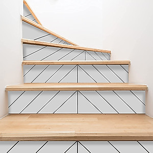 funlife 13Pcs Scandinavian Style Peel and Stick Vinyl Stair Riser Decals Stickers, 39.37"x7.09" White Herringbone