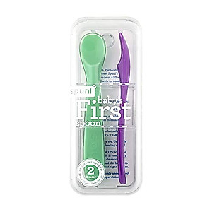 Spuni - Baby Spoon, Medical-Grade Soft Plastic Infant Feeder, Feeding Spoons for Babies (8 months+), Giggly Green & Peekaboo Purple, 2 Pack