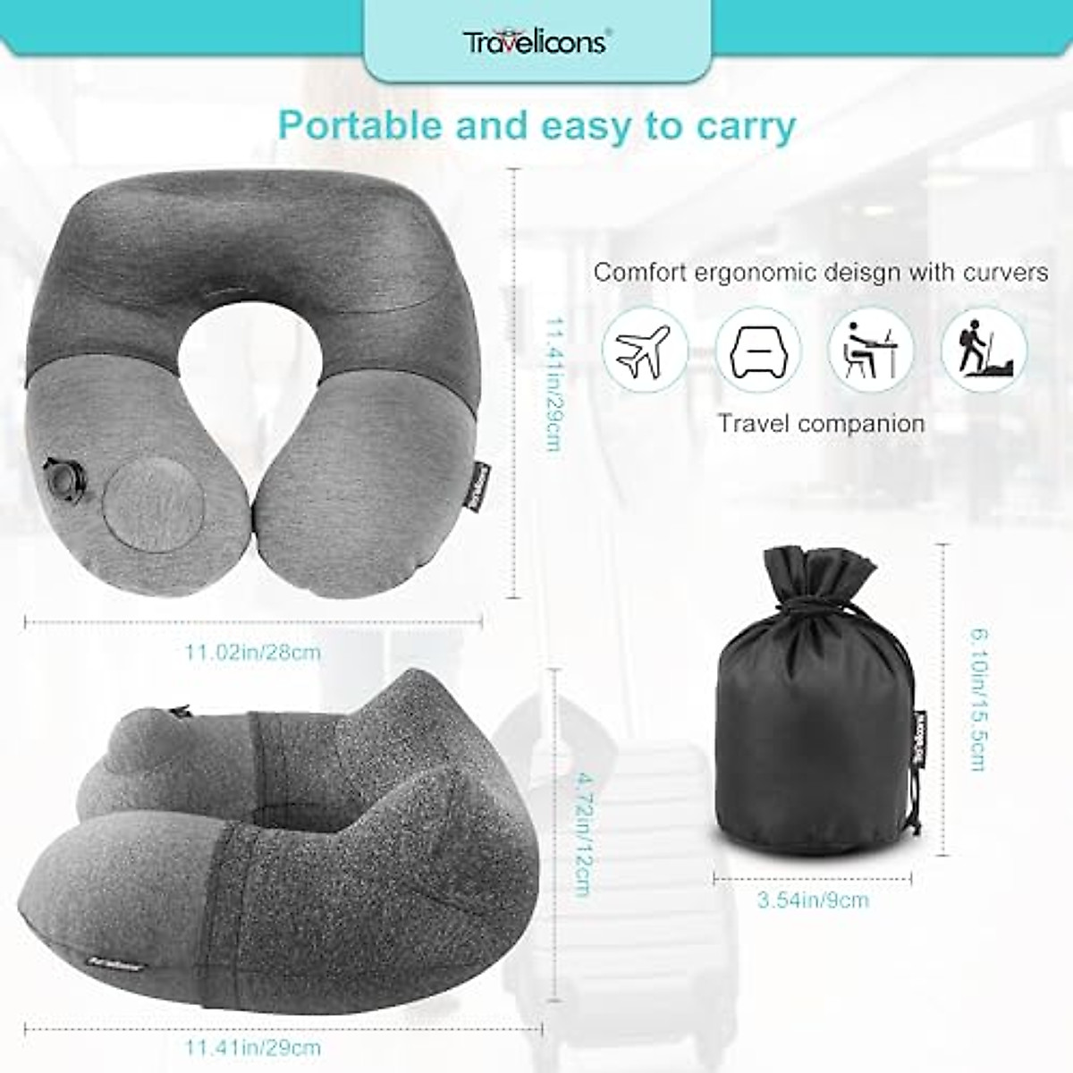 Travelicons Inflatable Travel Pillow,Neck Pillow for Traveling,Airplane Travel Pillw Improved Support Design for Car Sleeping