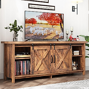 Elibeauty Farmhouse TV Stand for 55-65in TV with Adjustable Shelves & Sliding Barn Door - Rustic, Wooden Entertainment Center & Media Cabinet for Bedroom, Living Room (Dark Brown, 58in)