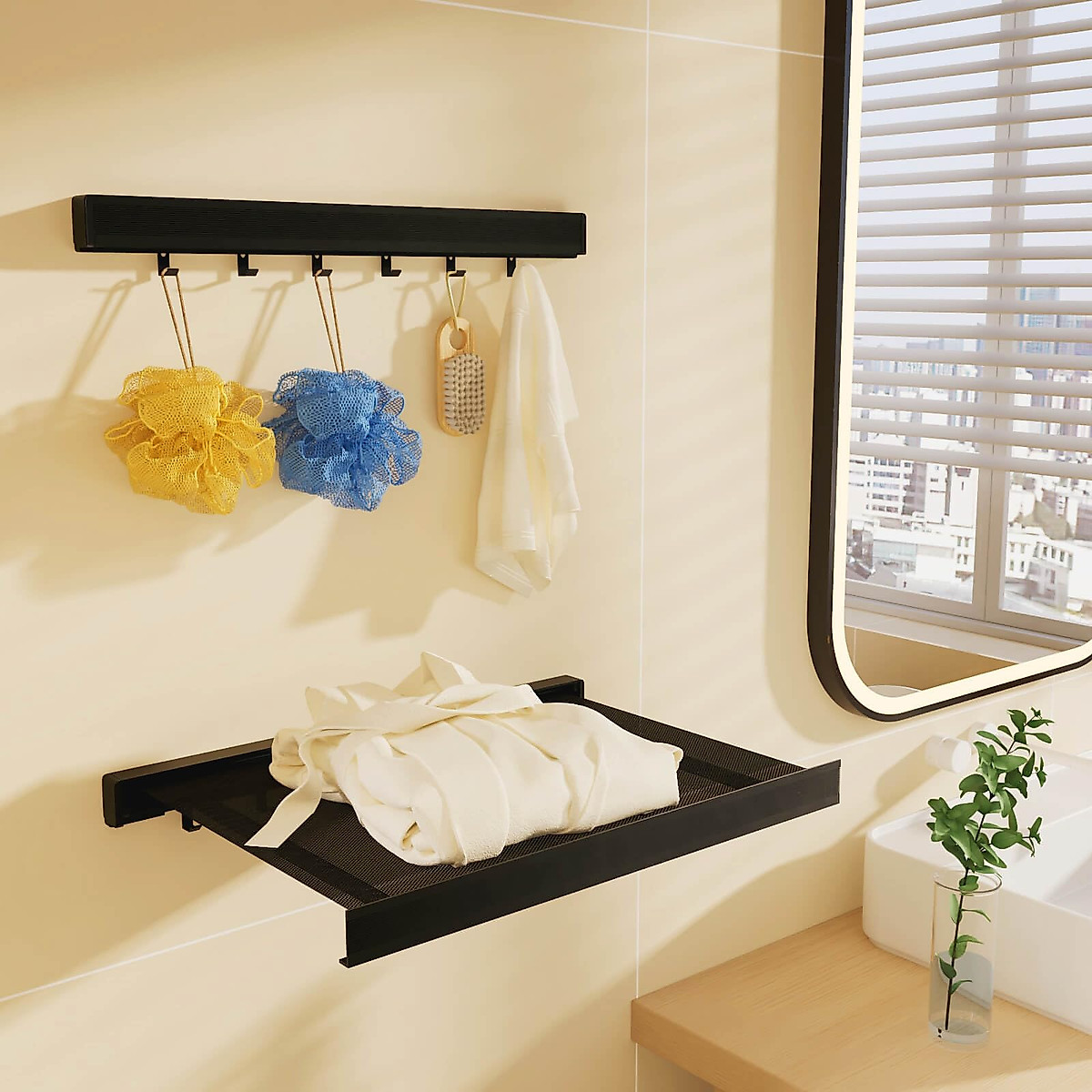 CHOMLEY Retractable Wall-Mounted Drying Rack, Foldable Placeholder with Net, Aluminum Underwear Hanger, Drying Rack Wall Mount with Hooks（17.3inch