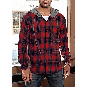 JMIERR Flannel Hoodies for Men Casual Button Down Plaid Long Sleeve Lightweight Winter Shirts Jackets,US 46 (XL),0Red