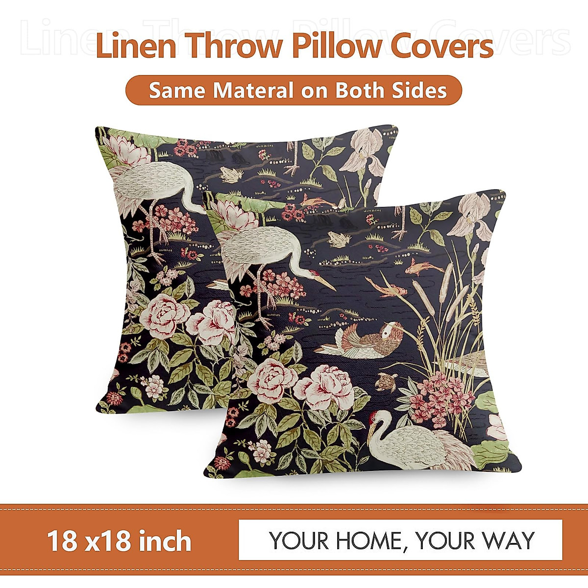 HANIOKAI Chinoiserie Pillow Covers 18x18 Set of 2,Red and White Pillow Covers Outdoor Decorative Linen Throw Pillow Covers for Couch Bed Sofa Cushion Birds Flowers Pillowcases (Black and White)