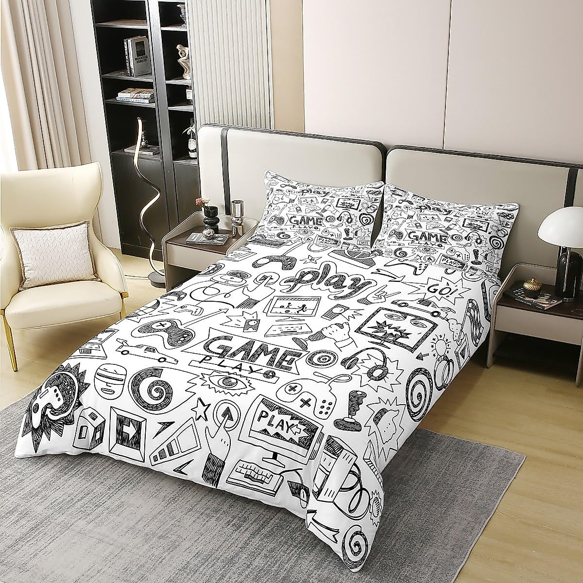 Reversible 100% Cotton Gaming Comforter Cover Full, Kids Gamepad Cartoon Bedding Set, Video Games Gamers Duvet Cover, Hip Hop Graffiti Quilt Cover, Racing Car Bedspread Cover Comfy, Black White