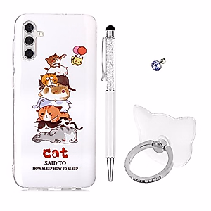 Mavis's Diary Galaxy A13 Case with Ring Holder & Stylus, Cute Floral Pattern Slim Fit Soft TPU Rubber Gel Case, Women Girls Protective Cover Compatible with Samsung Galaxy A13 5G (Cartoon Cat)