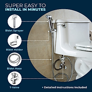 All Metal Handheld Bidet Sprayer for Toilet – Chrome – Handheld Bidet Attachment for Toilet with 59” Hose & Leak-Proof T-Valve - Muslim Shower for Toilet - Jet Spray for Toilet