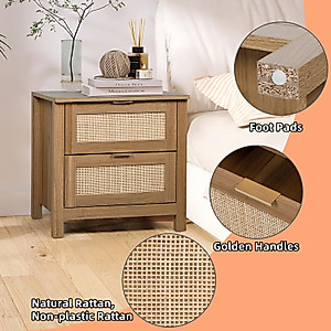 AILEEKISS Night Stand Set of 2 Rattan Nightstands with Wireless Charging Station, Wood Accent Bed Side End Tables with 2 Rattan Drawers, Modern Bedside Stand for Bedroom, Living Room (Natural Oak)