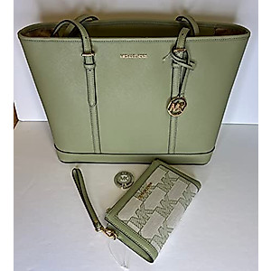 Michael Kors Jet Set Travel Large TZ Shoulder Tote bundled with Double Zip Wristlet and Purse Hook (Light Sage/MK)