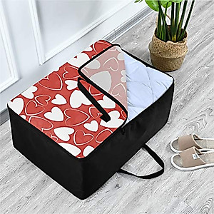 OTVEE Storage Bag Organizer King Size with Reinforced Handle Valentine's Day White And Red Hearts On Background Printed Firm Fabric Strong Zipper Foldable Space Saver for Clothes, Quilts, Blankets,Dol