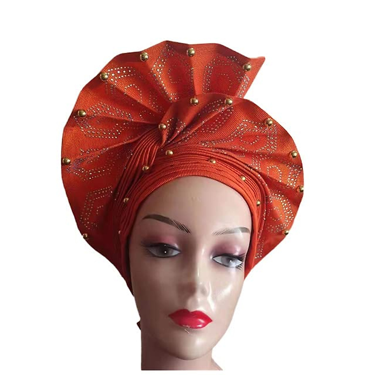 Gold Auto Gele Already Made Headtie African ASO Oke Nigeria for Wedding Women Bonnet Head Wraps - 1piece by MSB Fabric Color 1390
