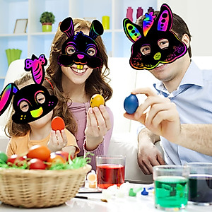 Easter Mask Craft Kit, 54 Pcs Scratch Art for Kids, Kids Magic Rabbit Masks, Scratch Paper Animal Masks with 18 Wood Stylus, DIY Rainbow Scratch Art Masks for Halloween, Animal Birthday Party