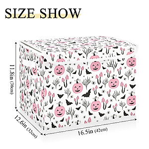 JUNZAN Pink Pumpkin Halloween Storage Bin With Lid Stackable Organization Bins Large Fabric Storage for Home Studyroom Dormroom Storage