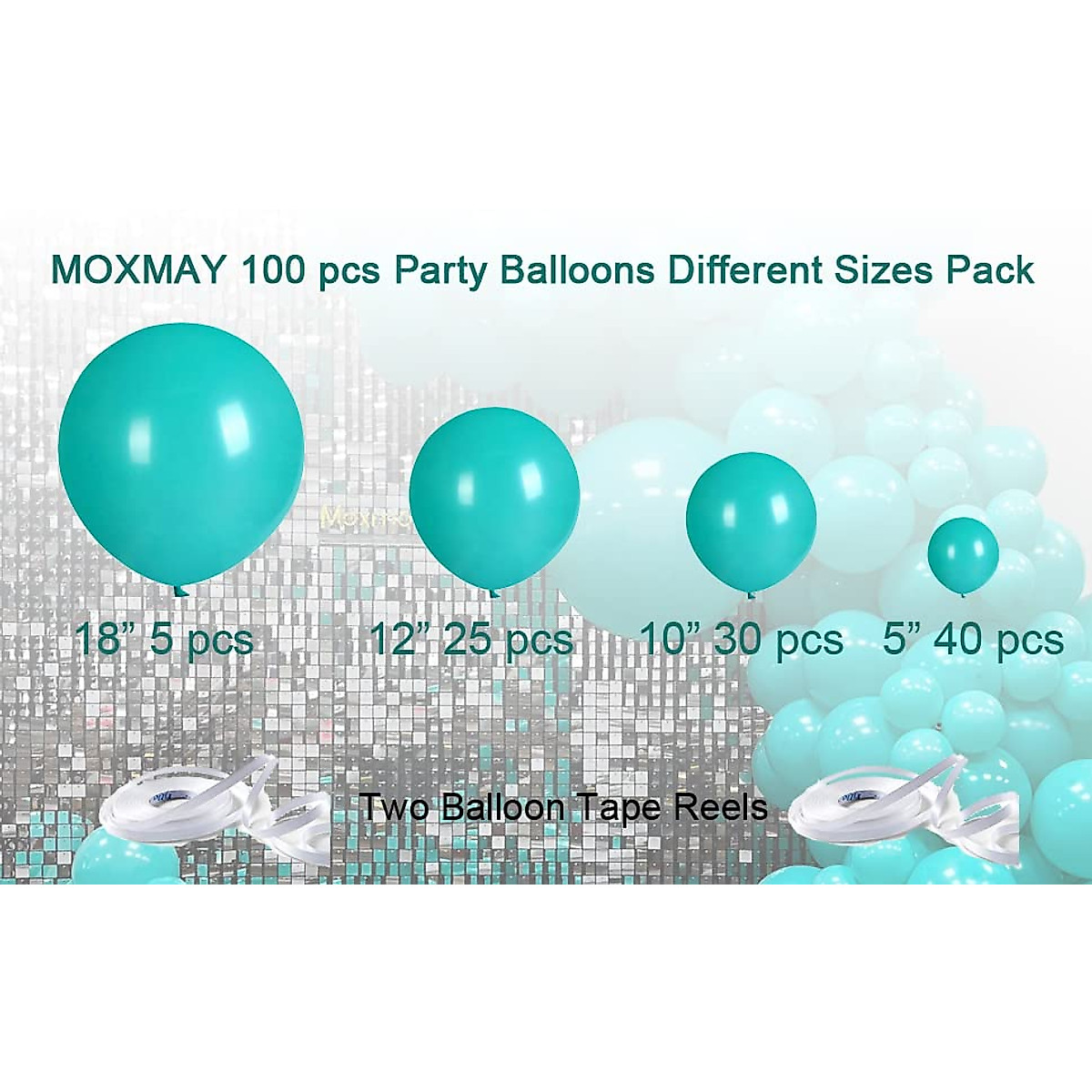 MOXMAY 102 Pieces Teal Blue Balloons 18In 12In 10In 5In Different Sizes Party Balloon Kit for Birthday Halloween Christmas Wedding Baby Shower Bride Party Decoration (Teal Blue)