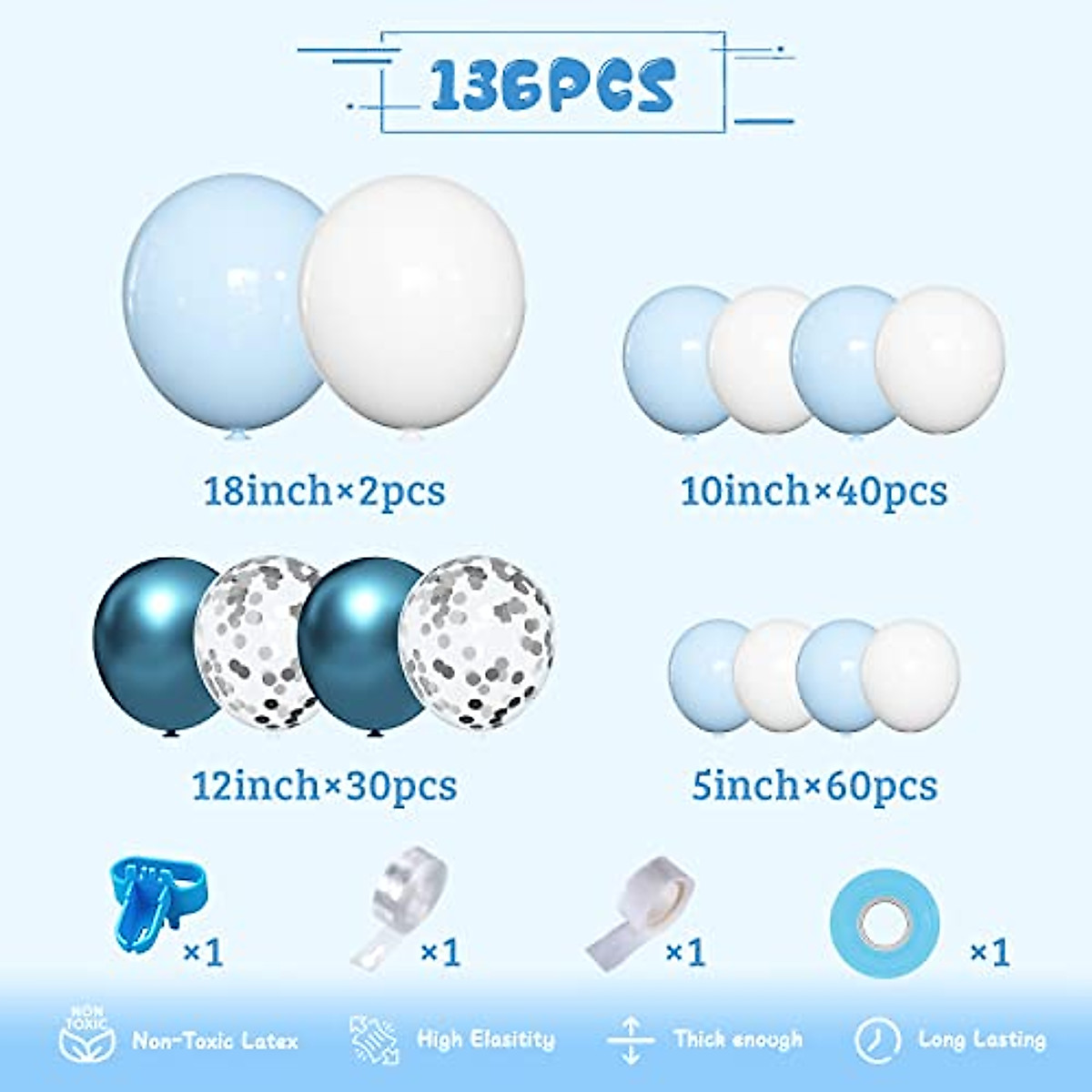 Blue Balloons Garland Arch Kit, 136pcs Metallic Blue White Silver Confetti Balloons Baby Blue Balloon Arch Kit for Boy Baby Shower Birthday Wedding Frozen Party Decorations