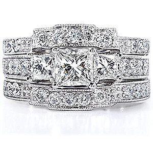 Kobelli Princess Diamond Wedding Ring Set 1 7/8 carats (ctw) in 14K White Gold (3 Piece Set), Size 8.5, White Gold