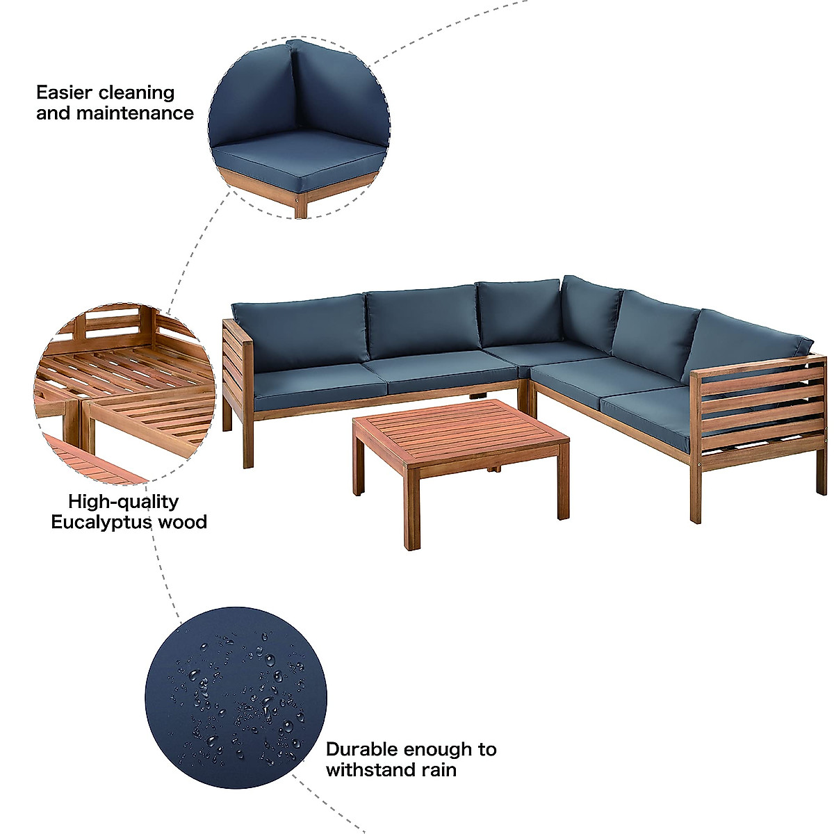 Quarte 4 Piece Outdoor Patio Conversation Furniture Set, Wood Sectional Sofa Set with Water Resistant Cushions/Coffee Table, Garden Backyard Poolside L Shape Corner Sofa Set