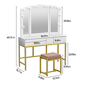 Semiocthome White Makeup Vanity Desk with Mirror and Lights, Make Up Vanity with Power Strip, 39.4" W Vanity Table with 2 Drawers and Stool for Girls, Vanity Set with Gold Metal Frame for Bedroom