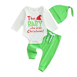 Eadrioss Christmas Baby Boy Outfit Who Steal Your Christmas Romper Bodysuit Green Pants Set Infant Newborn Xmas Clothes (White Green Hats, 0-3 Months)