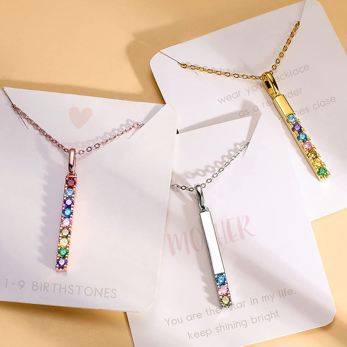 AILIN 925 Sterling Silver Custom 3D Vertical Bar Necklace Personalized Back Engraved Necklace With Any Name 1-9 Birthstones Pendant Necklace For Family Mother Grandmother
