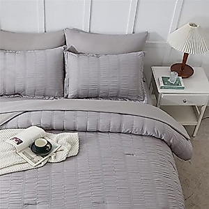 KAKIJUMN Grey Comforter Set King Size, 7 Piece Bed in a Bag Seersucker Comforter and Sheet Set, All Season Soft Microfiber Complete Bedding Set(Grey,King)