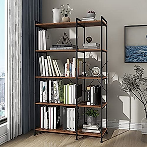 Tohomeor Bookshelf 5 Tier Deformable Corner Bookcase Free Standing Modern Industrial Book Storage Display Book Shelf for Bedroom Living Room Study Room Office (Brown)