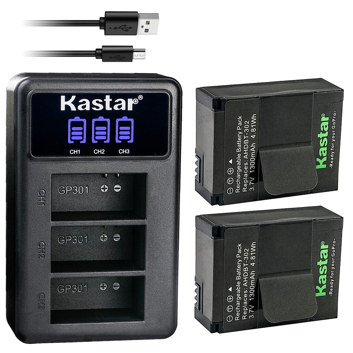 Kastar 2 Pack Battery and LCD Triple USB Charger Compatible with EHANG 4K Sports Camera, EHANG GHOSTDRONE 2.0 RC Quadcopter, EHANG GSC-200K Battery