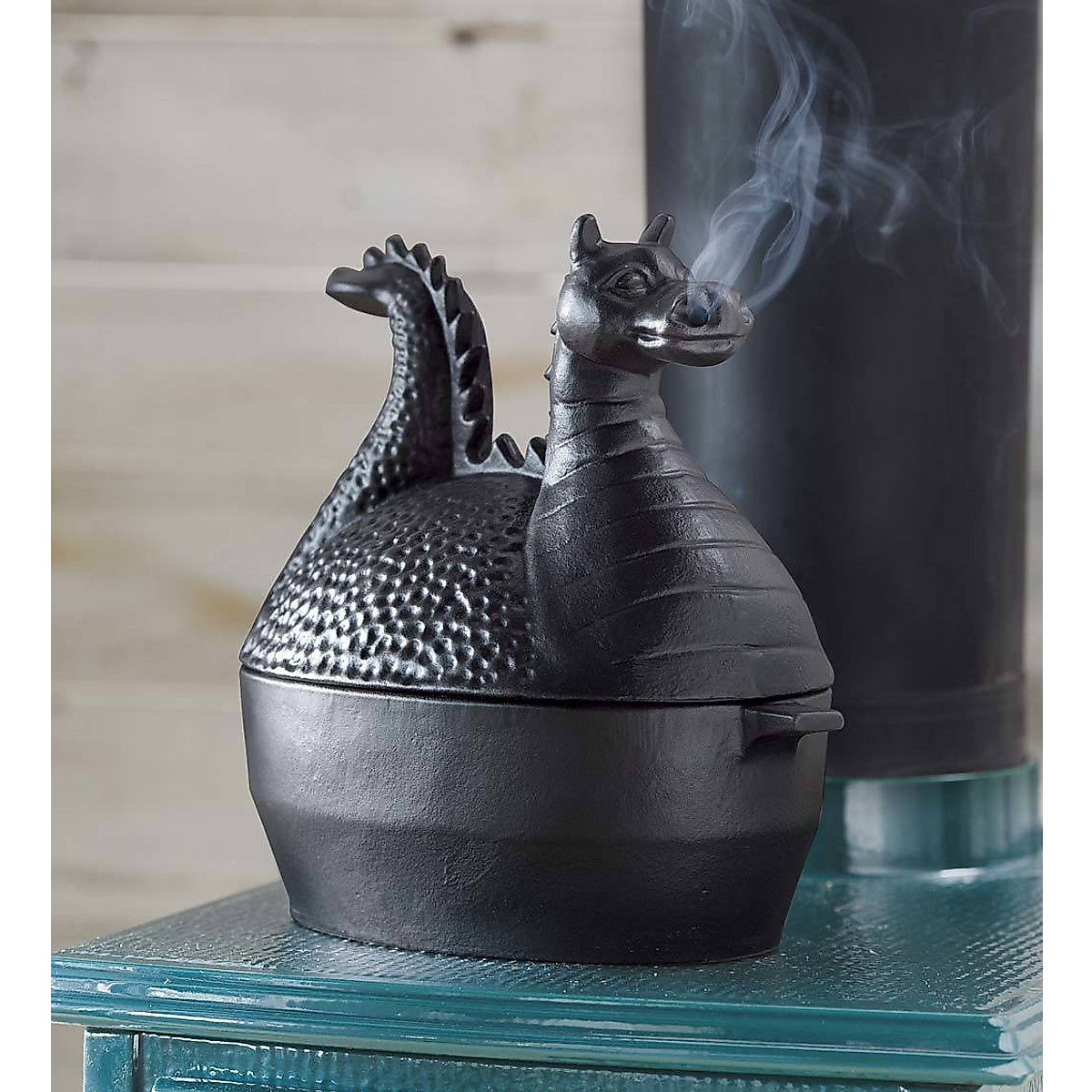 Plow & Hearth Dragon Wood Stove Steamer | Cast Iron | Matte Black | Rust Resistant | Functional Alternative | 2.75 QT Cap | 12.5 L x 7.5 W x 10.75 H