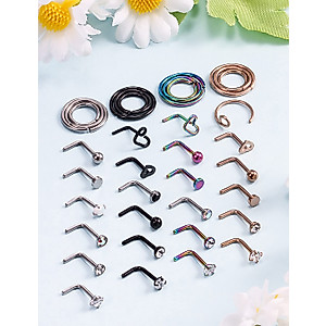 Ocptiy 22G Nose Ring for Nose Piercing Jewelry Nose Stud Women 22 Gauge Stainless Surgical Steel Thin Nose Ring Hoop L Shaped Bend Curved Nose Rings Stud Hoop Nose Piercings Jewelry for Women Men 2MM