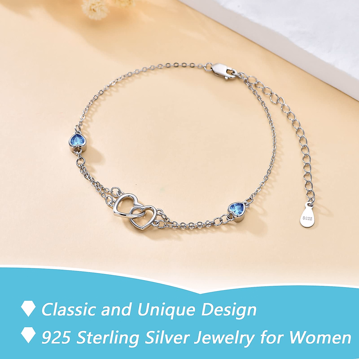 Light Blue Bracelet for Women 925 Sterling Silver Double Heart Bracelets Aquamarine Dainty Beach Jewelry Friendship Heart Chain March Birthstone Jewelry for friend Best Friends