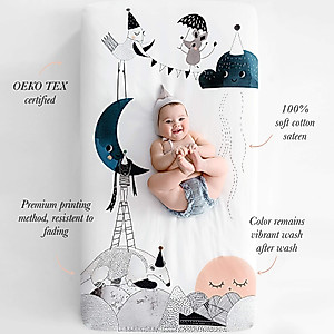 Rookie Humans 100% Cotton Sateen Fitted Crib Sheet: The Moon’s Birthday. Modern Nursery, Use as a Photo Background for Your Baby Pictures. Standard Crib Size (52 x 28 inches) (Standard Cotton Sateen)