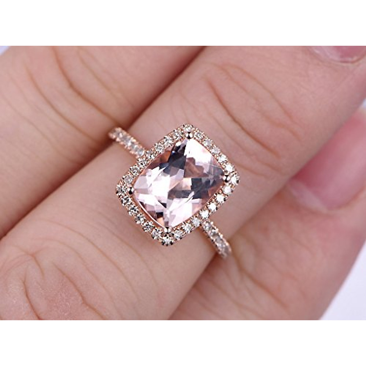 7×9mm Cushion Cut Natural Pink Morganite Engagement Ring Halo Diamond Ring 14K Rose Gold Size 4-9