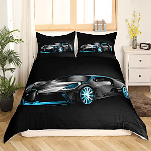 Racing Car Bedding Set for Boys Kids Teens Men Extreme Speed Sports Themed Comforter Cover Competition Bedroom Decor Full Size 3 Pcs (1 Duvet Cover +2 Pillow Shams), Luxury Black
