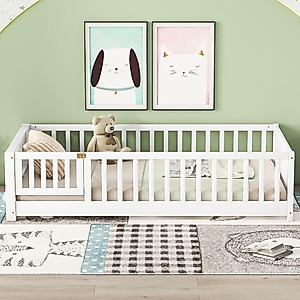 Mirightone Floor Bed with Rails and Door Twin Size, Wood Montessori Floor Bed with Storage Bookcase, Kids Bed Frame with Fence for Boys Girls, White