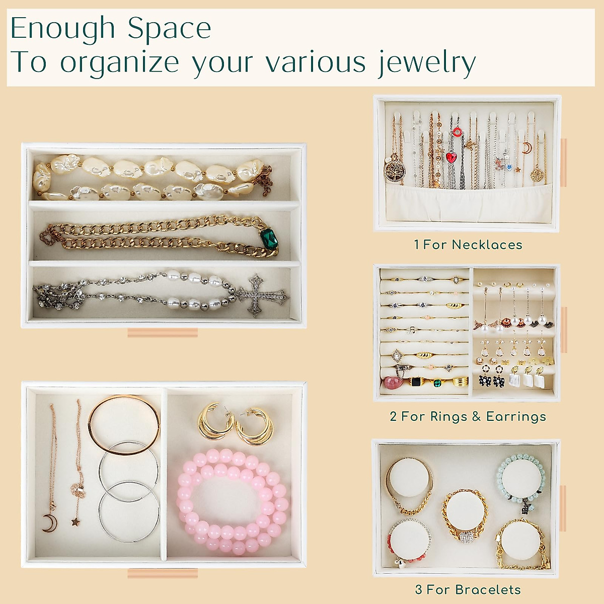 efubaby Jewelry Box for Women Girls, Jewelry Organizer Box with Large Mirror 6-Layer Jewelry Box Organizer Glass Window Storage Case with 3 Side Drawers Jewelry Holder Organizer White Jewelry Box