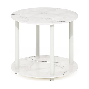 Furinno Turn-N-Tube Simple Design 2-Tier Round Wooden Small Coffee Table, Marble White