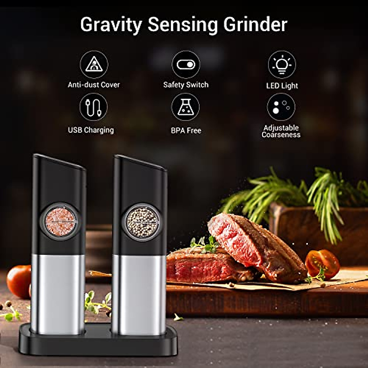 Gravity Electric Salt and Pepper Grinder Set, Rechargeable Salt and Pepper Grinder Set with Charging Base, Safe Switch, Automatic Pepper Grinder with Dustproof Cover, LED Light, Adjustable Coarseness