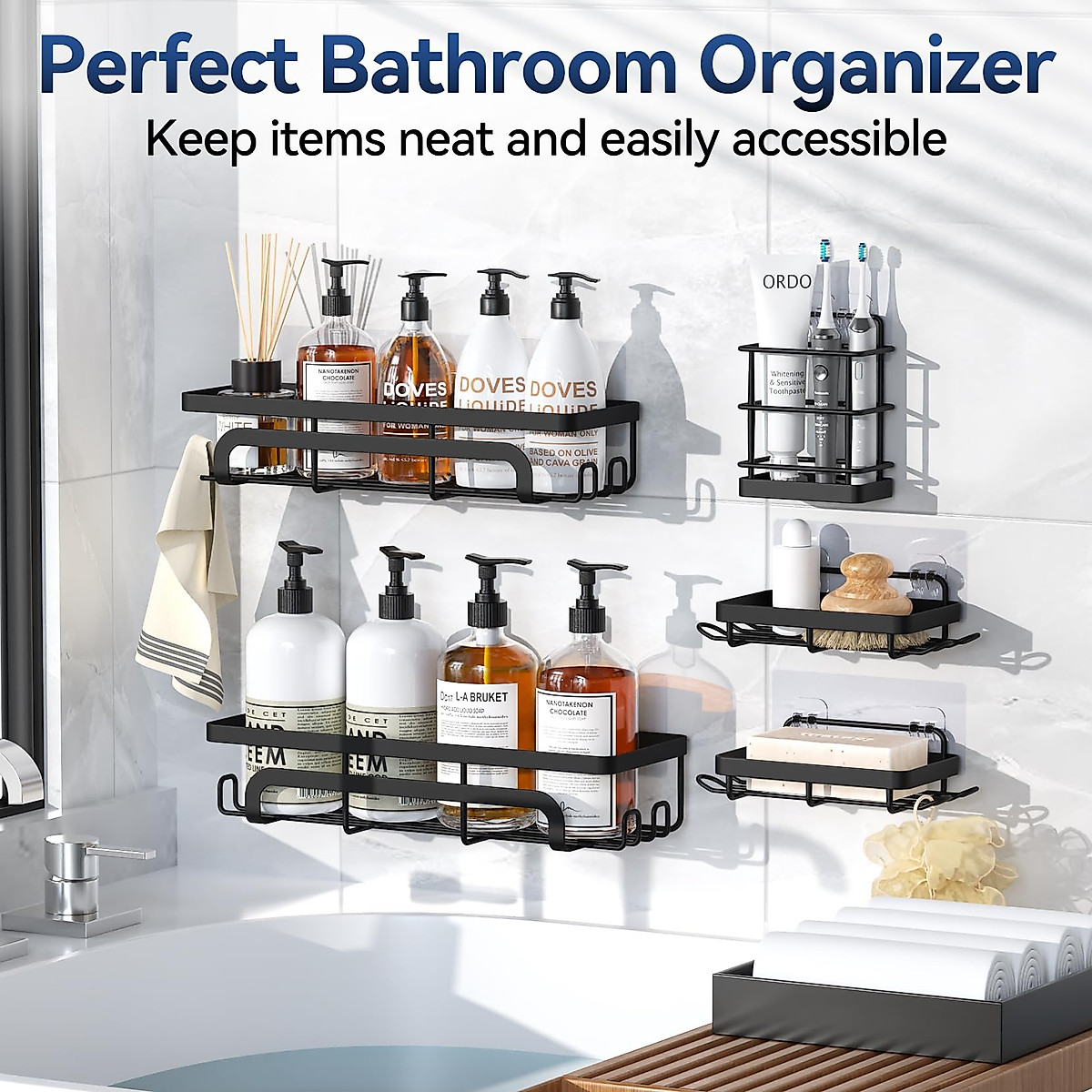 YASONIC Adhesive Shower Caddy, 5 Pack Shower Organizer with Soap Holder - No Drilling, Rustproof Shower Shelves, Shower Organizers and Storage for Inside Shower, Black