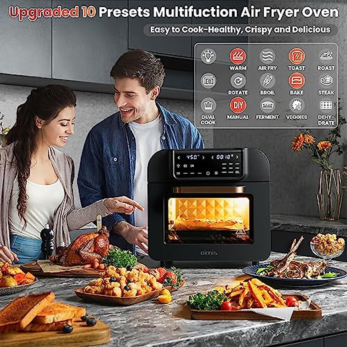 OIMIS Air Fryer Oven, 17QT 10-in-1 Countertop Toaster Oven, Smart Air Fryer Toaster Oven with Rotisserie, Dehydrator, Digital LED Screen, Countertop Convection Oven, 6 Accessories, 1500w, Black, ETL Certified,UPGRADED Panel