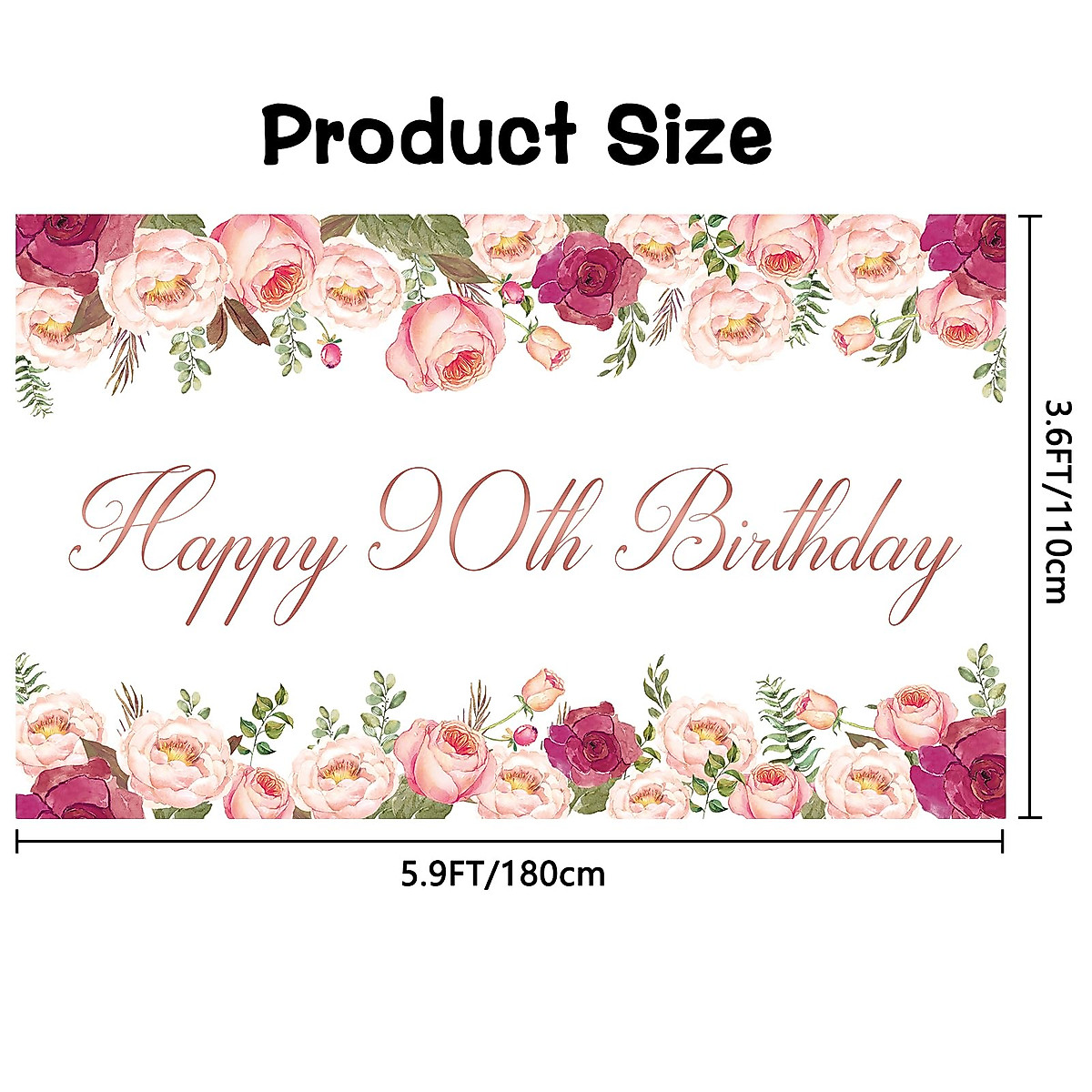 Vlipoeasn Elegant White Happy 90th Birthday Decorations for Women Rose Gold Flower Peony Photography Backdrop for 90th Birthday Party Surprise for Mother Cheers to 90 Years Old Birthday Party Supplies