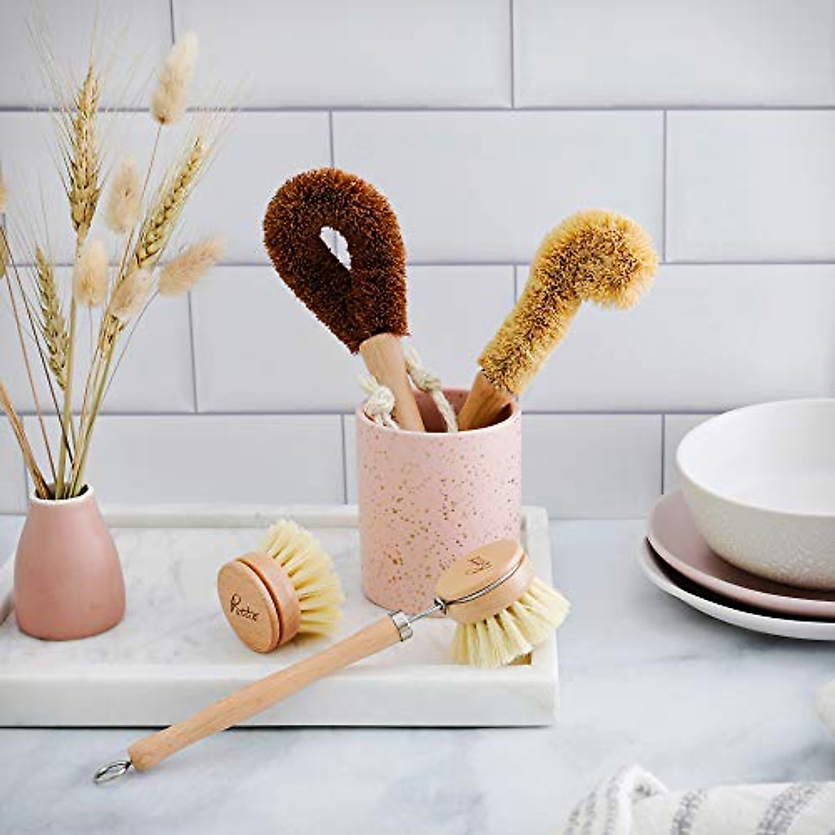 Natural Kitchen Cleaning Brush Set. Eco-Friendly Wooden Brush Set for Cleaning Kitchen Dishes, pots & Pans. Wooden Dish Brush, Pot Brush & Bottle Cleaner. Made of Beech Wood & Natural bristles