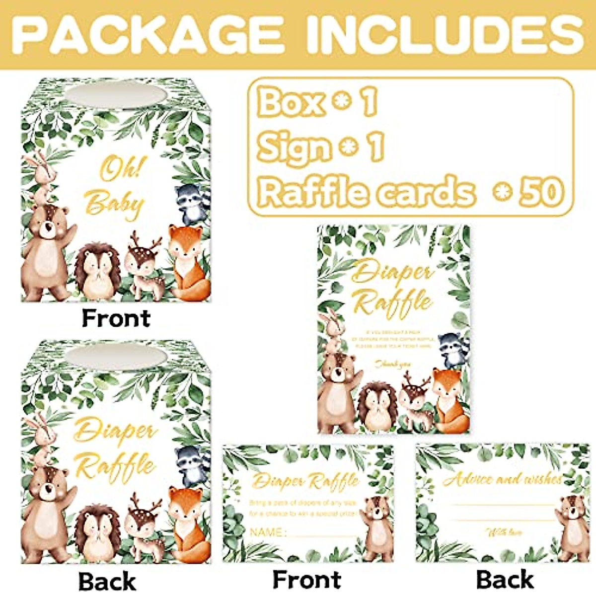 HPMNS 52 PCS Woodland Diaper Raffle Tickets with Box for Baby Shower, Baby Shower Games Invitations Decorations for Boy or Girl with Diaper Raffle Cards Sign for Baby Shower Gender Reveal Party