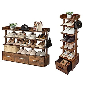 usikey Vertical Shoe Rack, 4 Tiers Vertical Shoe Rack + 6 Tiers Vertical Shoe Rack Wooden Shoe Tower with Bottom Drawers, Rustic Brown