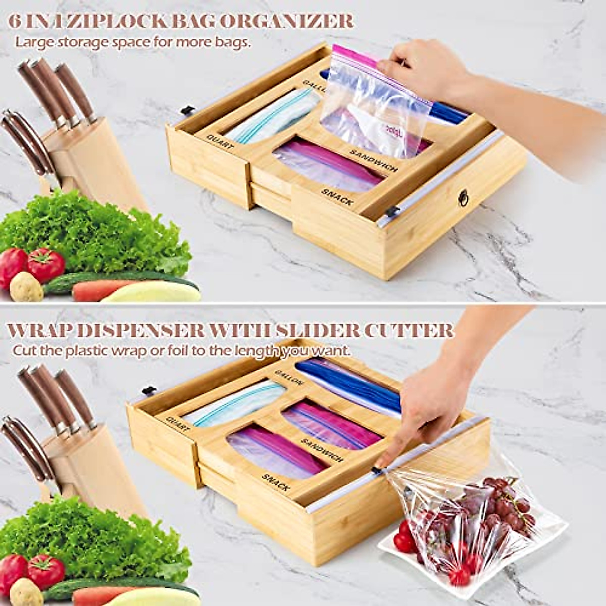 Bamboo 6 In 1 Foil and Plastic Wrap Organizer, Ziplock Bag Organizer/Holder Wrap Dispenser With Slide Cutter, for kitchen Drawer or House Wall Use, for Gallon,Quart,Sandwich Bag etc.