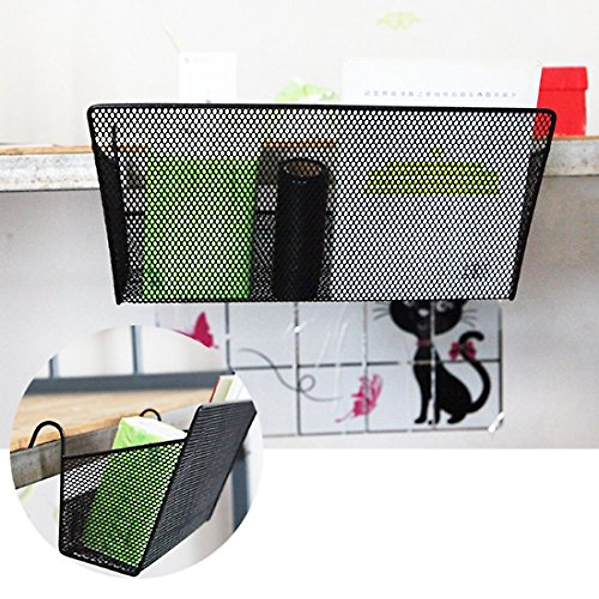 Haoun Bedside Hanging Storage Basket Office Desk Dormitory Iron Mesh Origanizer Caddy for Book Phone Magazine Holder-Black
