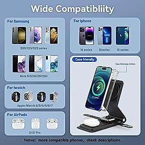 Hasbagan 3 in 1 Charging Station, Magnetic Foldable Charger, Travel Charging pad for iPhone 14 13 12 Pro Max & Apple Watch - Charging Stand Dock for AirPods (Black)