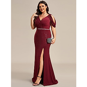 Ever-Pretty Women's Plus Size Sparkle Open Back V Neck High Slit Floor Length Formal Dresses Burgundy US16