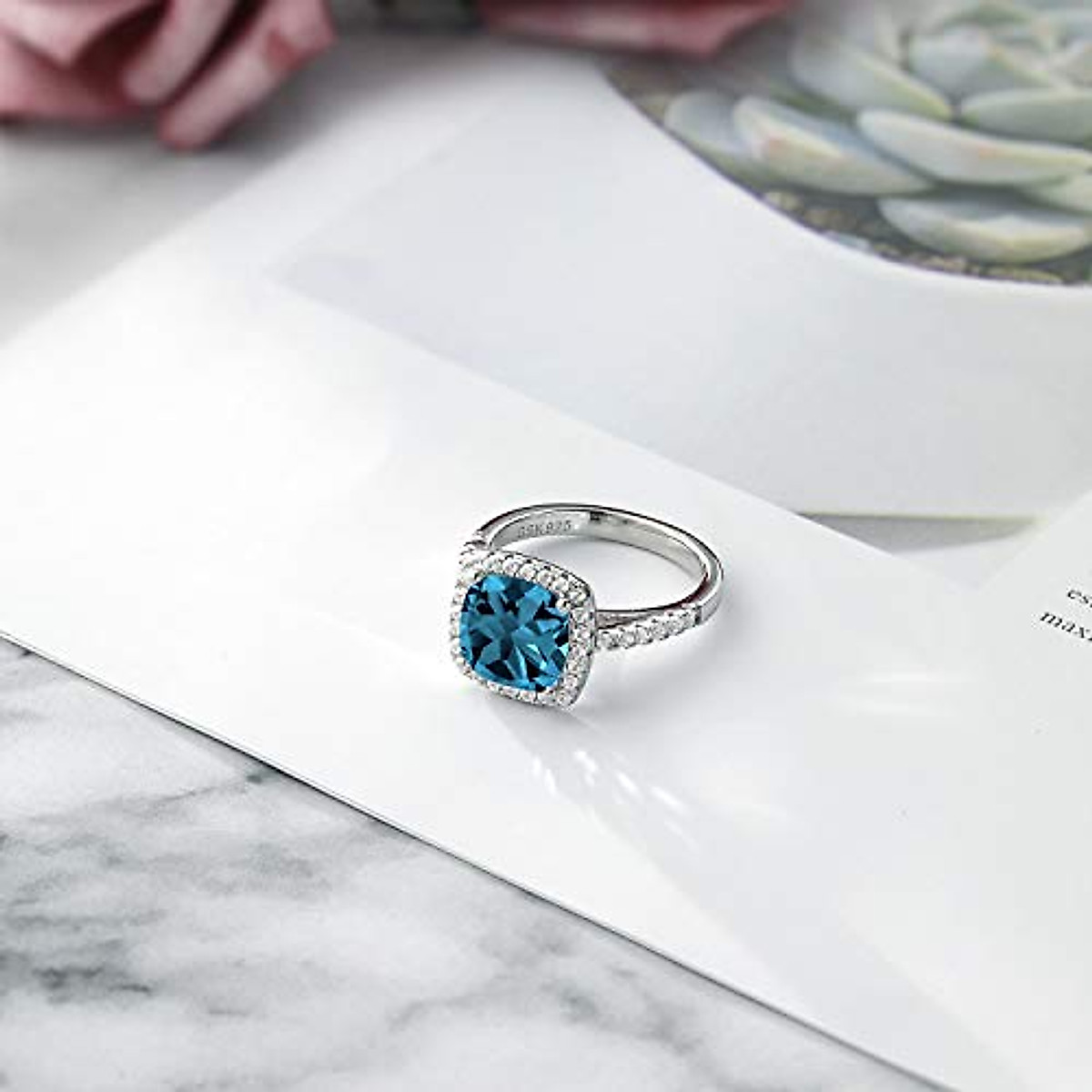 Gem Stone King 925 Sterling Silver London Blue Topaz and White Created Sapphire Engagement Ring For Women (3.30 Cttw, 8MM Cushion Cut, Gemstone Birthstone, Available In Size 5, 6, 7, 8, 9)