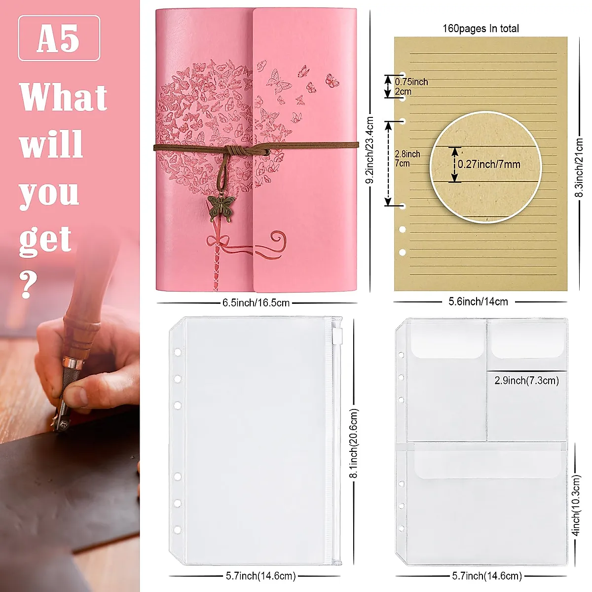 OMEYA Leather Journal Notebook, Refillable Writing Journal Diary Planner for Women Girls (Pink, A5-9.3''×6.3'')